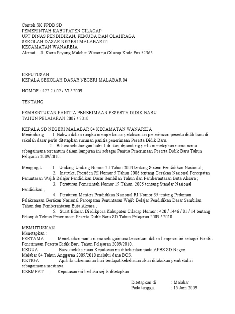 Contoh SK PPDB SD | PDF