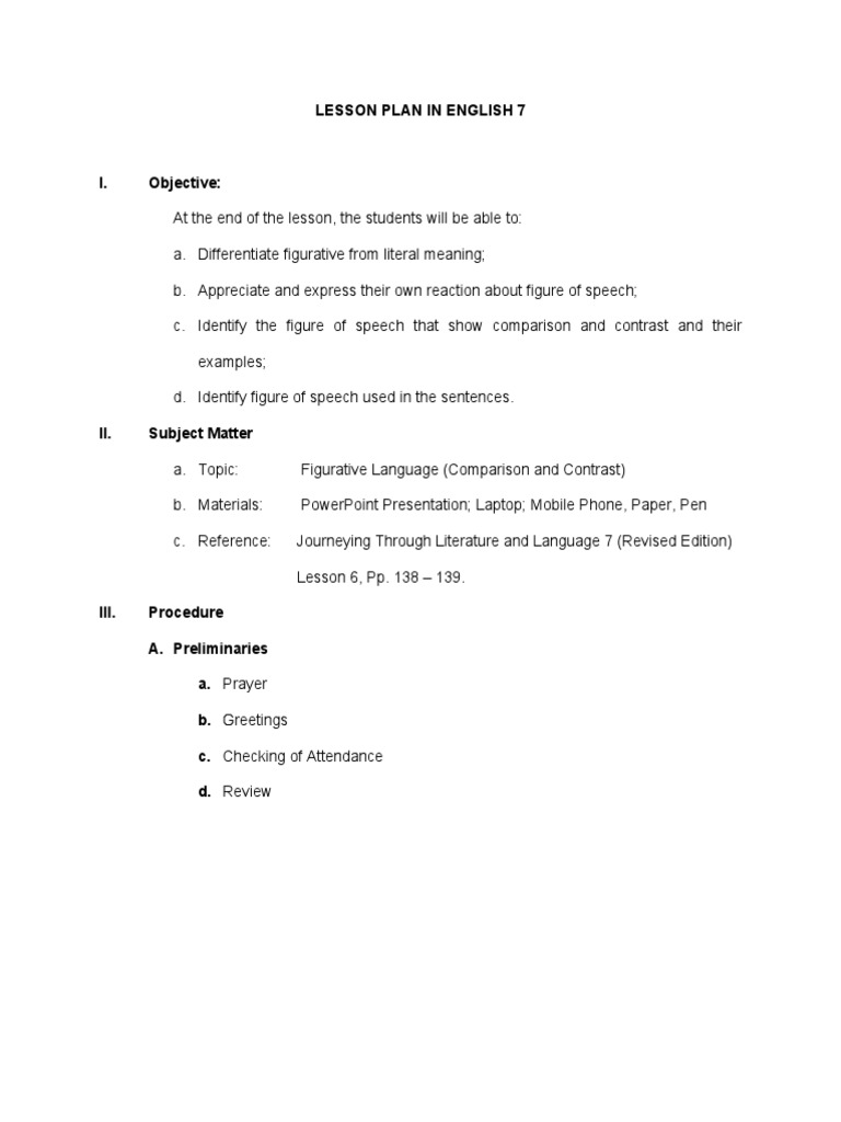 Lesson Plan in English 7 Figurative Language | PDF | Pizza | Metaphor