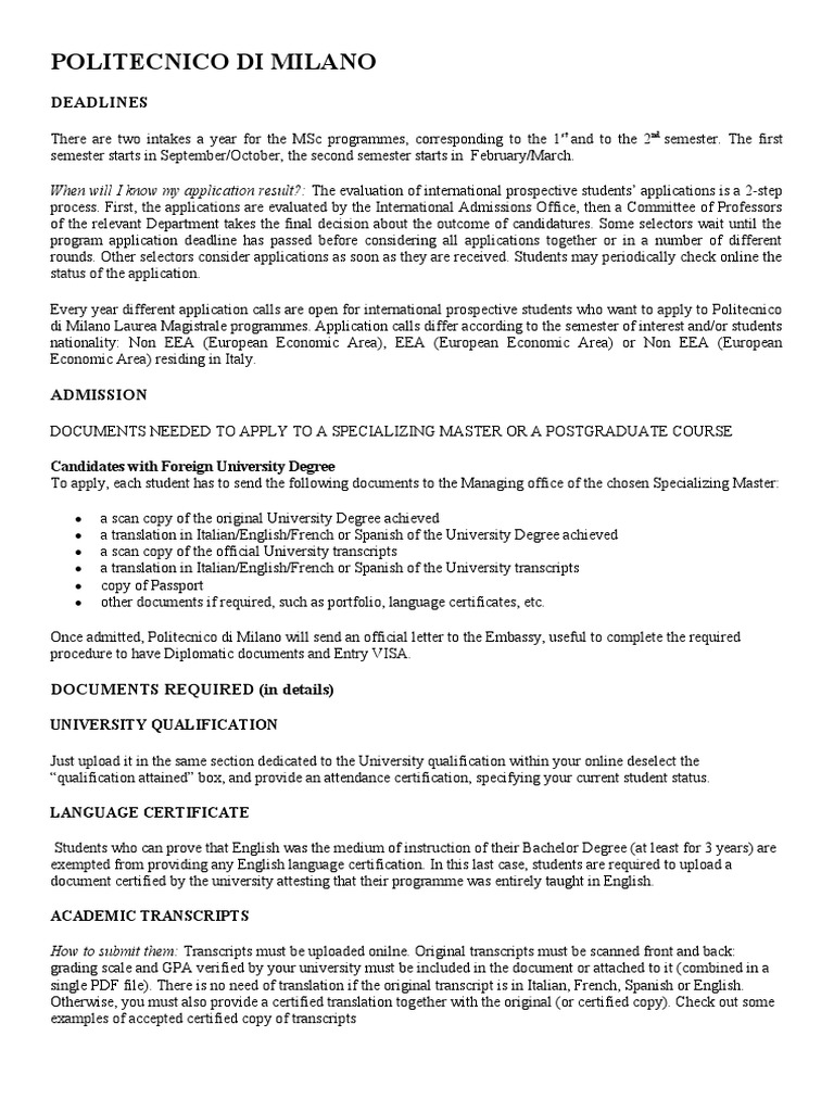 Admission POLIMI Process | PDF | Academic Degree | Master Of Science