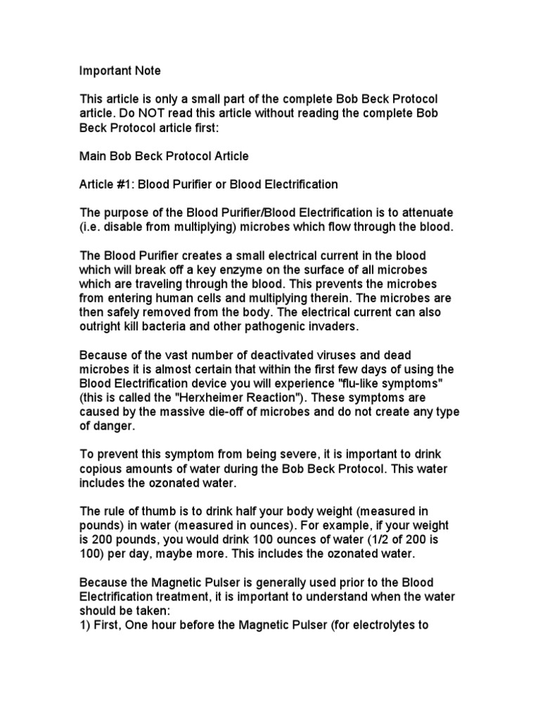 Bob Beck Protocol - Blood Purifier | PDF | Water | Blood