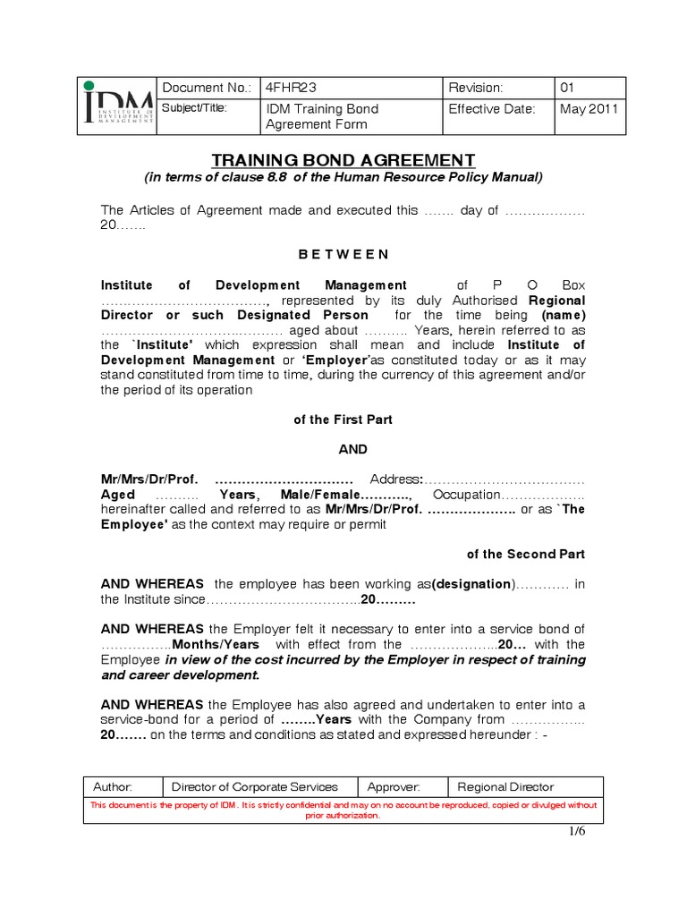 Training Bond Agreement: (In Terms of Clause 8.8 of The Human Resource ...
