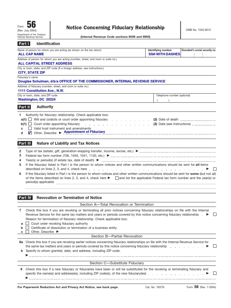 Irs Form 56 Douglas Schulman 8-14-08 | PDF | Internal Revenue Service ...