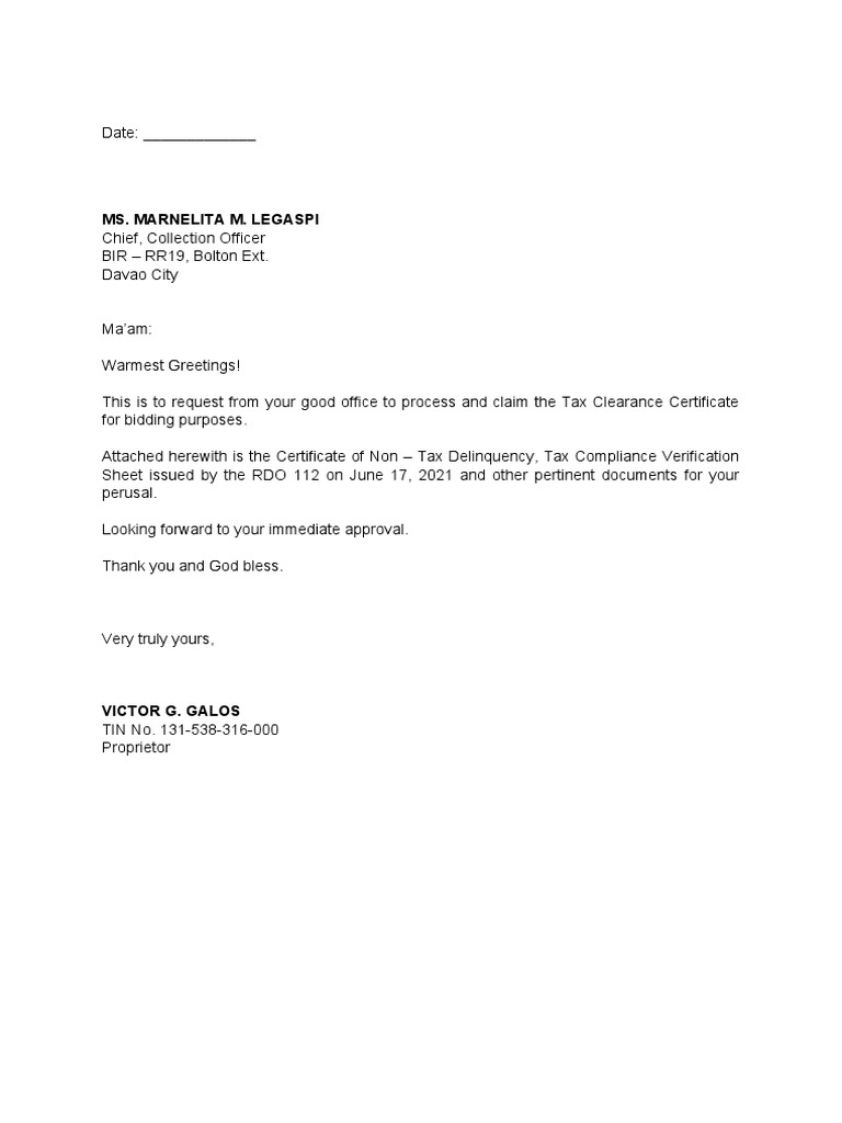 Letter For Tax Clearance | PDF