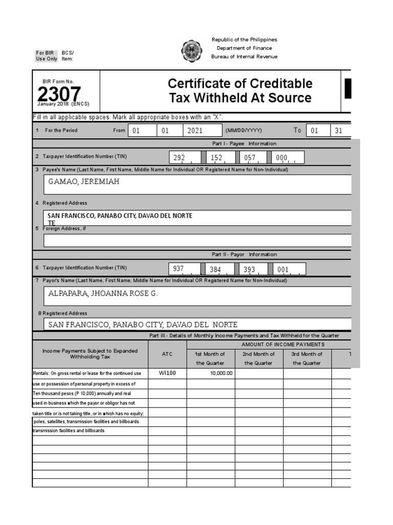 Certificate of Creditable Tax Withheld at Source | PDF | Taxpayer ...
