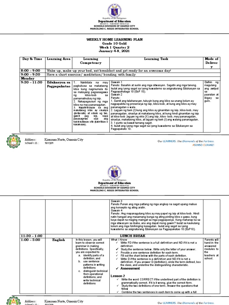 Grade 10 Weekly Home Learning Plan Q2 Week 1 - Landscape | PDF