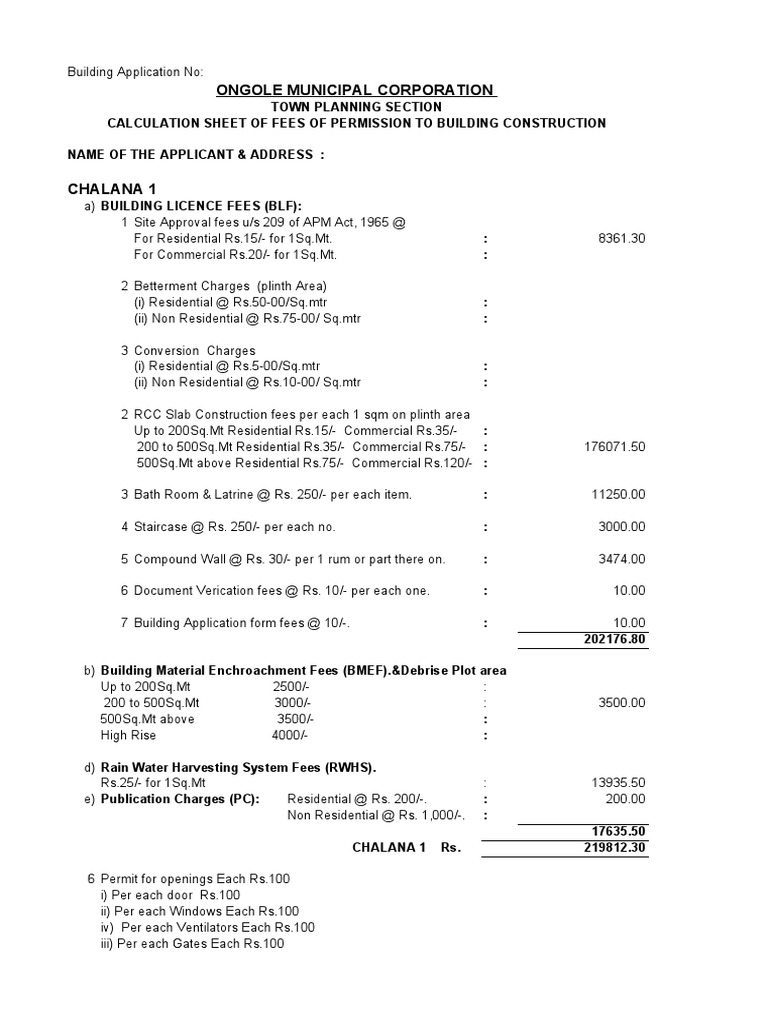 Calculation of Fees for a Building Permit Application in Ongole ...
