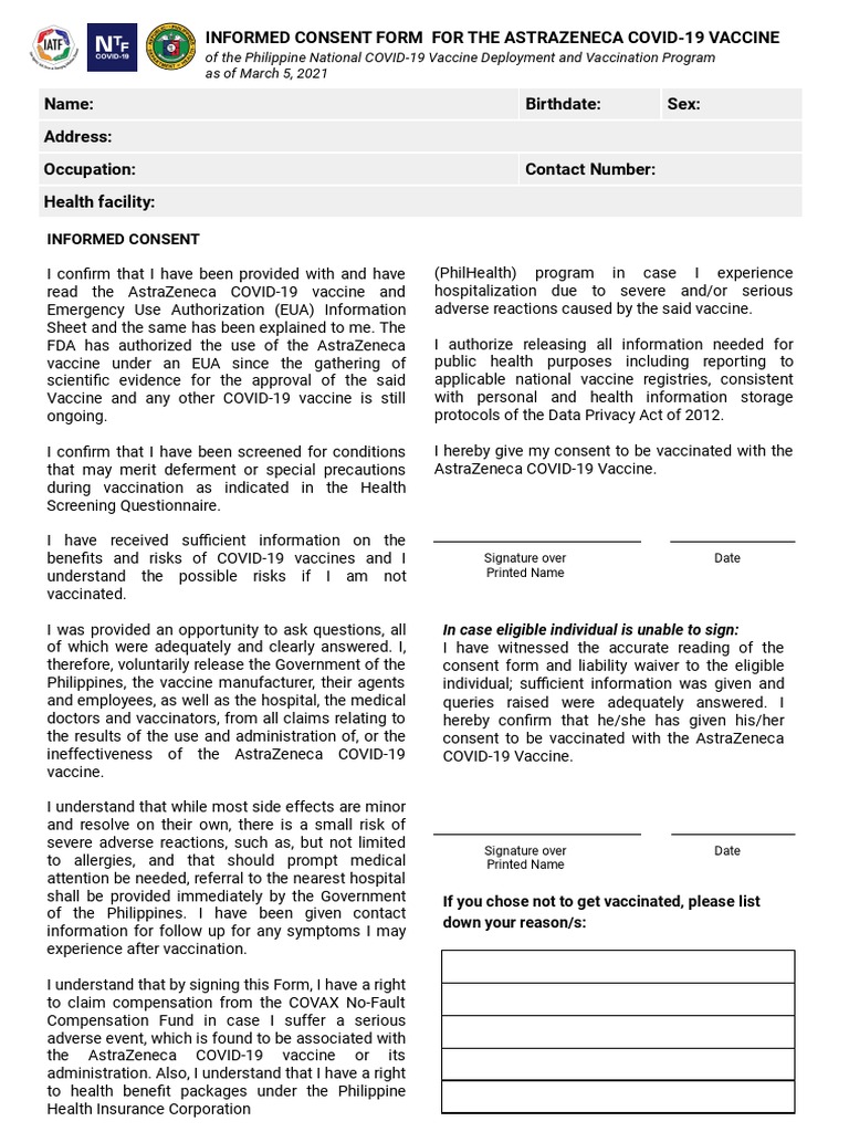 Informed Consent Form For The Astrazeneca Covid-19 Vaccine | PDF ...