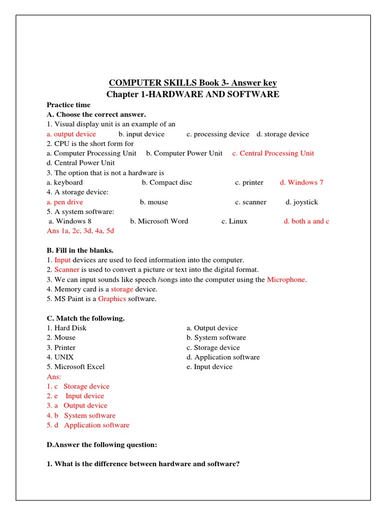 COMPUTER SKILLS Book 3-Answer Key Chapter 1-Hardware and Software | PDF ...