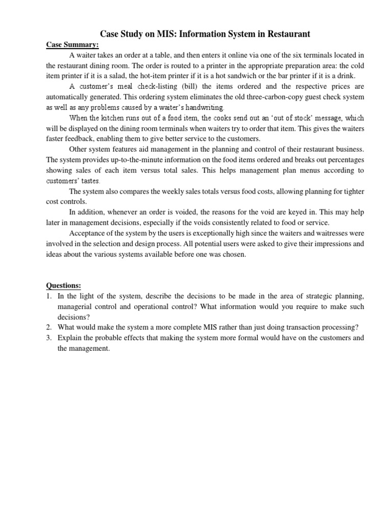 Sample Case Study On MIS-Restaurant | PDF