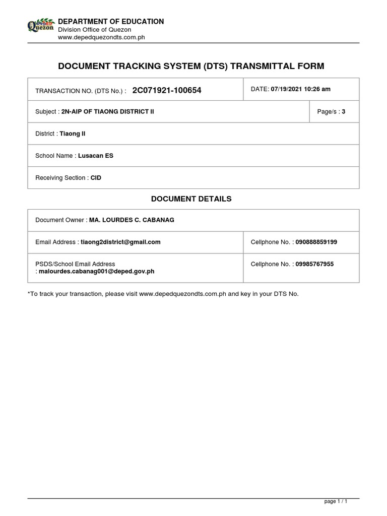 Document Tracking System (DTS) Transmittal Form: Department of ...