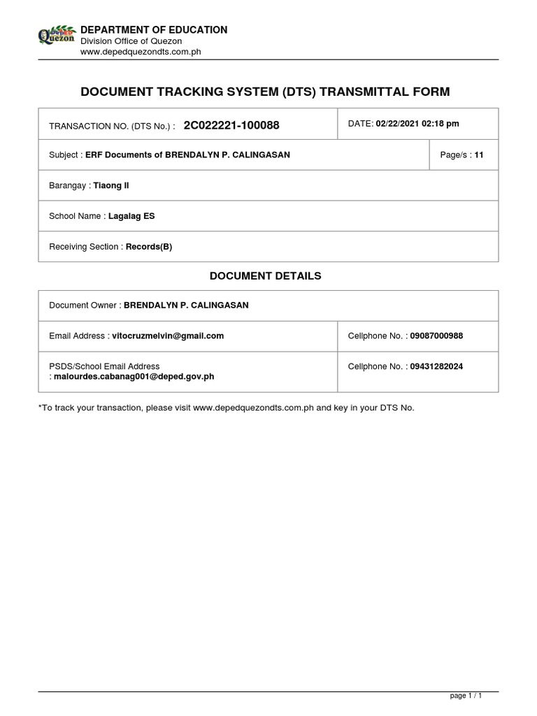 Document Tracking System (DTS) Transmittal Form: Department of ...
