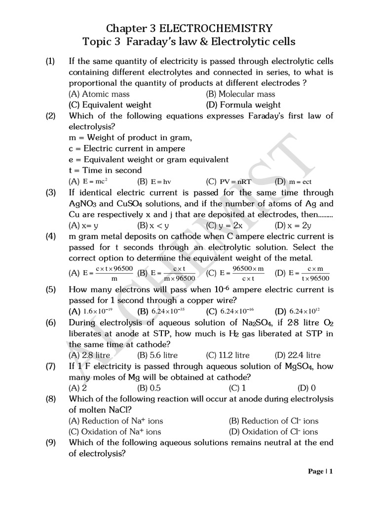 Topic Faraday's Law and Electrolytic Cells | PDF | Electrochemistry ...