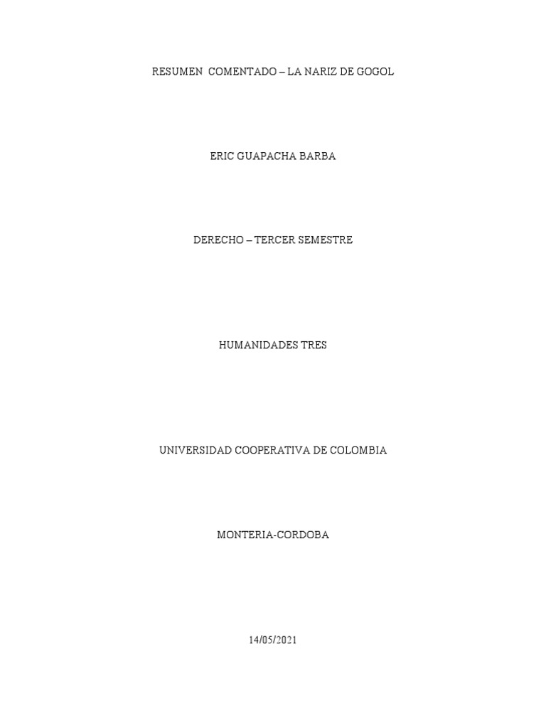 Resumen Comentado La Nariz | PDF | Nikolai Gogol | Humor