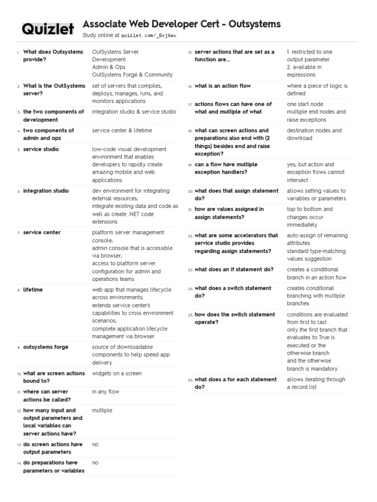 Quizlet-Associate Web Developer Cert - Outsystems | PDF | Representational State Transfer | Soap