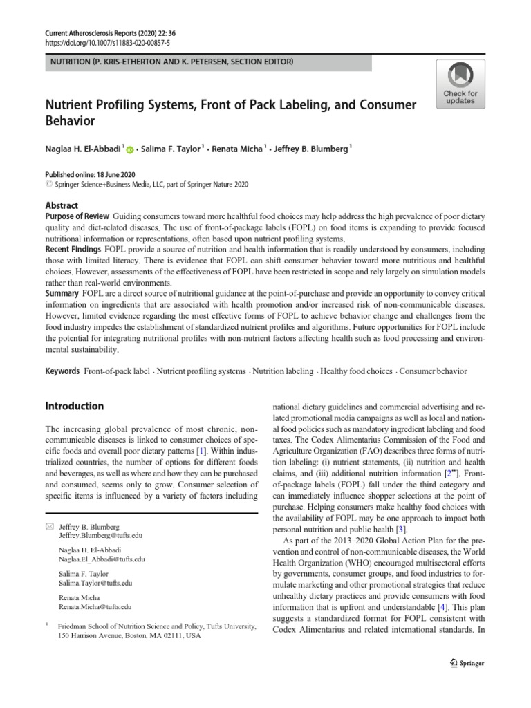 2.nutrient Profiling Systems, Front of Pack Labeling, and Consumer | PDF | Nutrition Facts Label ...
