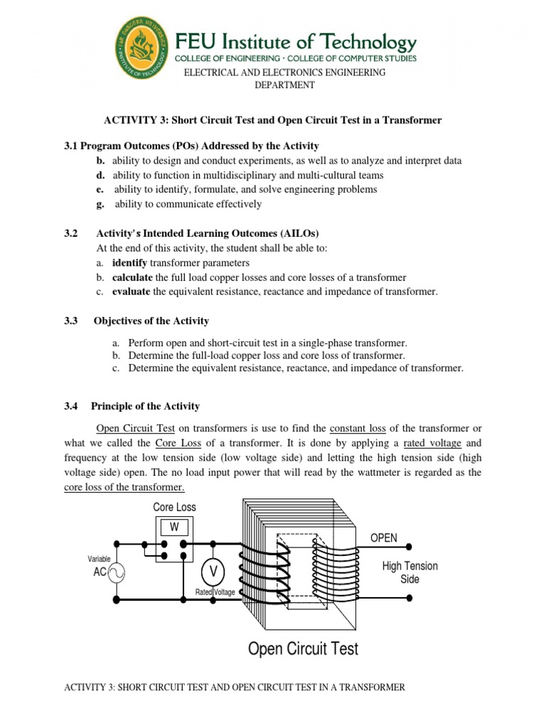 Open Circuit Test: Electrical and Electronics Engineering Department ...