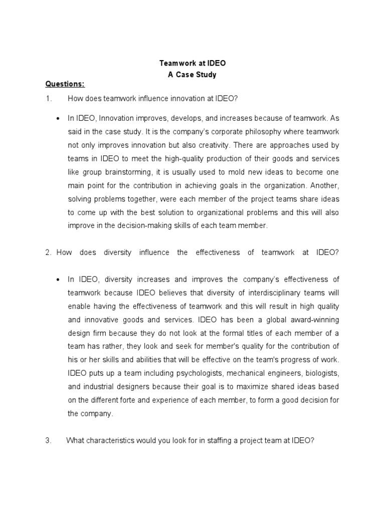 Teamwork at IDEO A Case Study Questions | PDF | Innovation | Applied ...