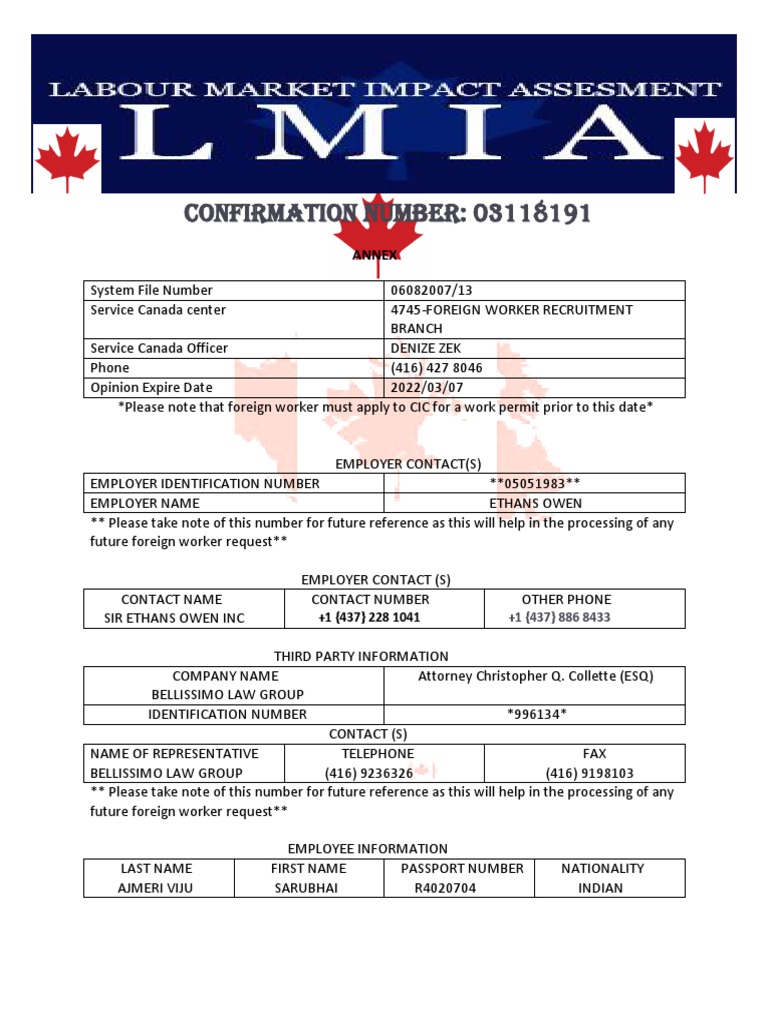 Ethans Owen Labor Market Impact Assessment Certificate | PDF | Foreign ...