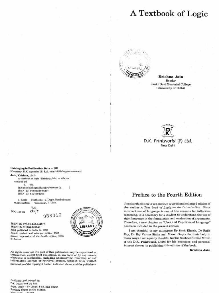 A Textbook of Logic Krishna Jain D.K. Book World | PDF