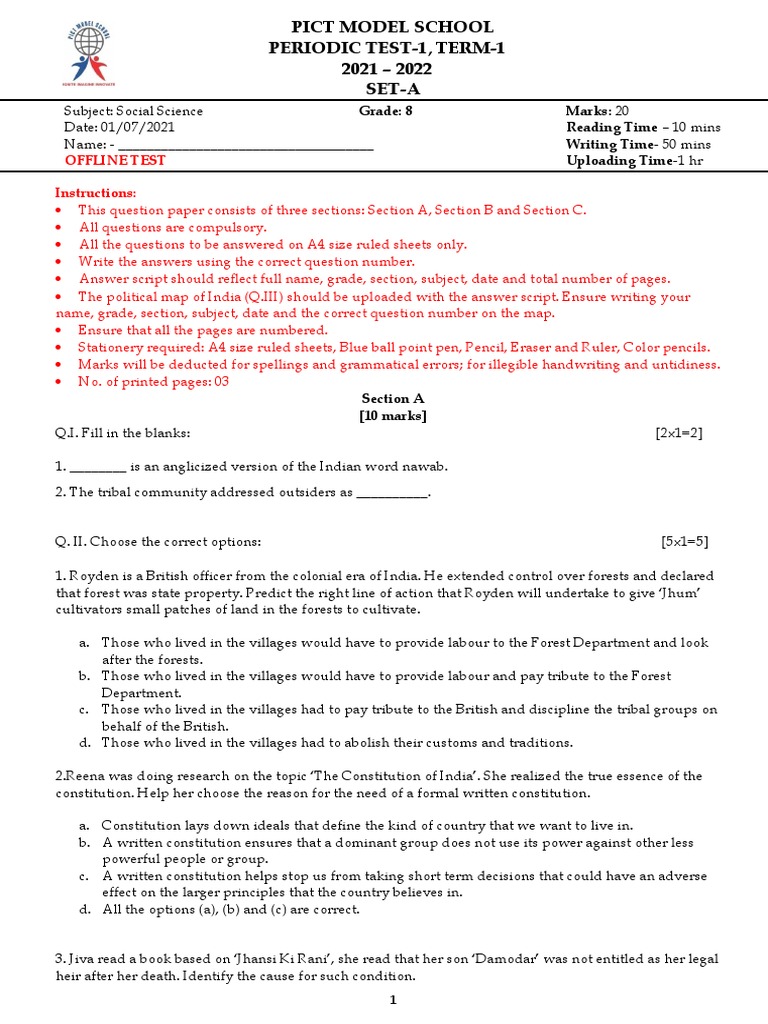 Periodic Test-1 - Grade 8 Social Science QP SET-A | PDF | British ...