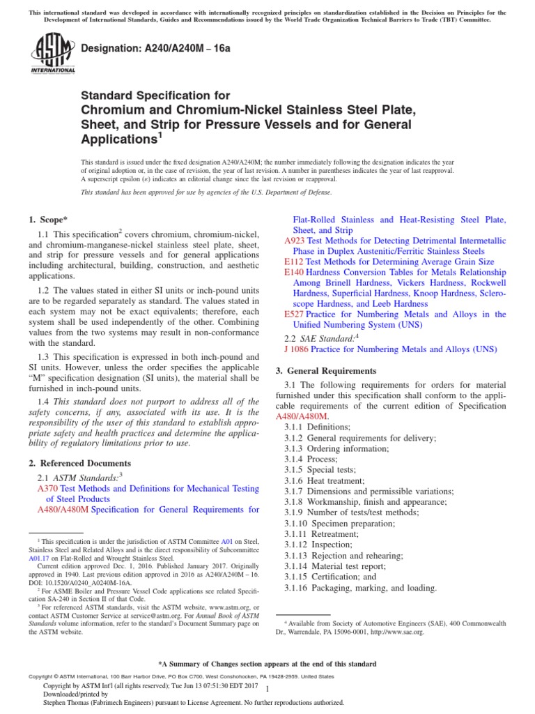 Astm A240-16 | PDF | Stainless Steel | Specification (Technical Standard)