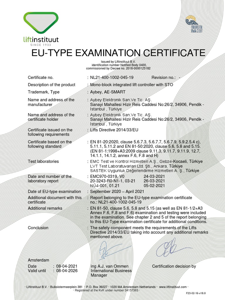 EU-Type Examination Certificate for Lift | PDF | Business