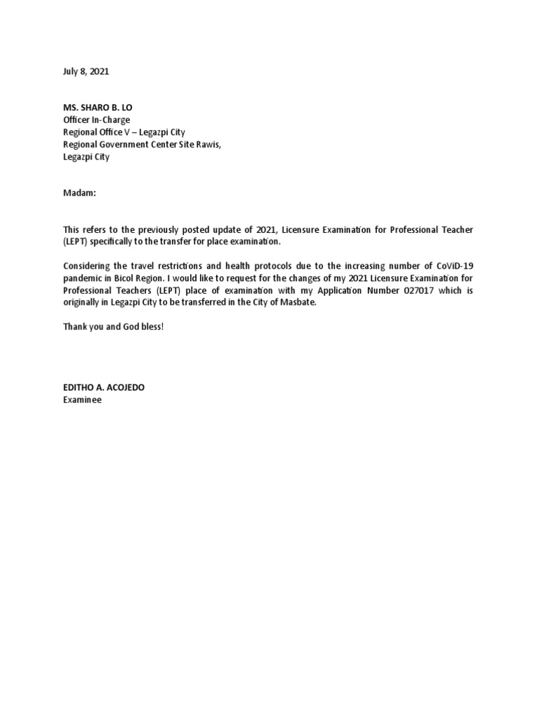 Letter of Intent For Request of Examination Venue - Editho Acojedo | PDF