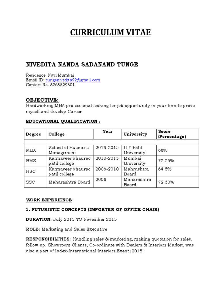 Nivedita Nanda Sadanand Tunge Resume | PDF | Master Of Business Administration | Business
