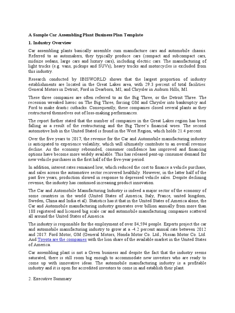 A Sample Car Assembling Plant Business Plan Template | PDF | Ford Motor ...