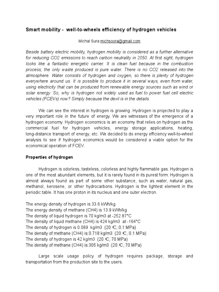 Smart Mobility - Well-To-wheels Efficiency of Hydrogen Vehicles | PDF ...