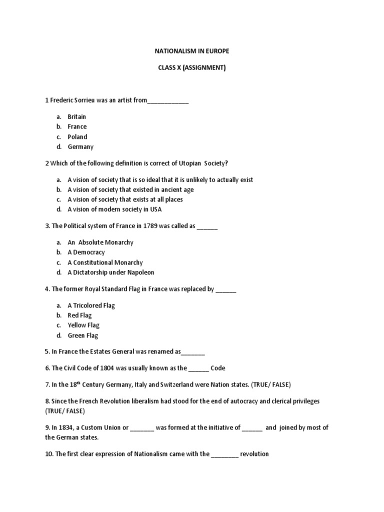 NATIONALISM IN EUROPE Class 10 Worksheet | PDF