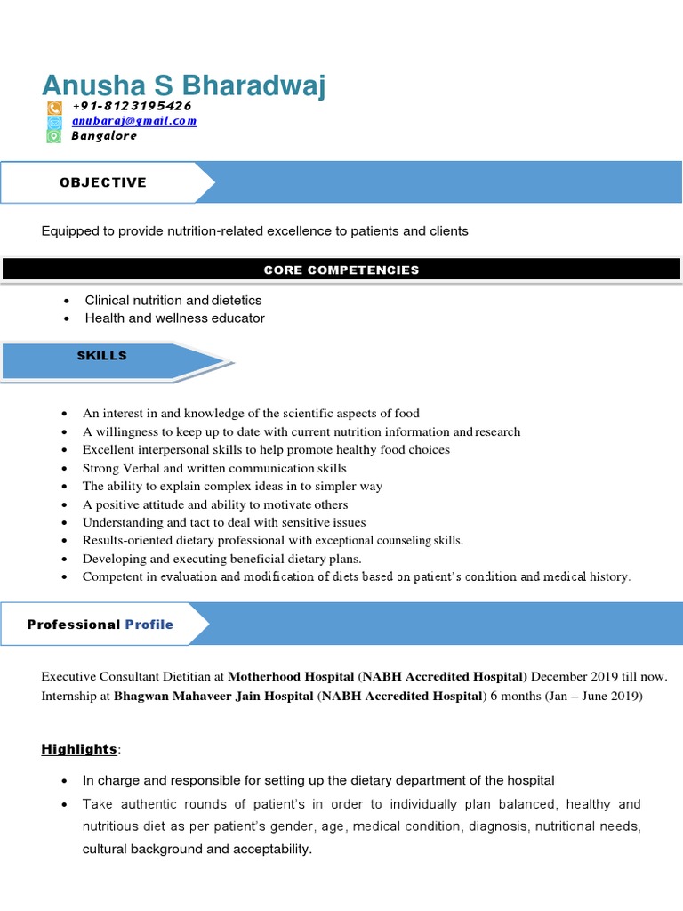 Anusha Resume | PDF | Dietitian | Diet (Nutrition)