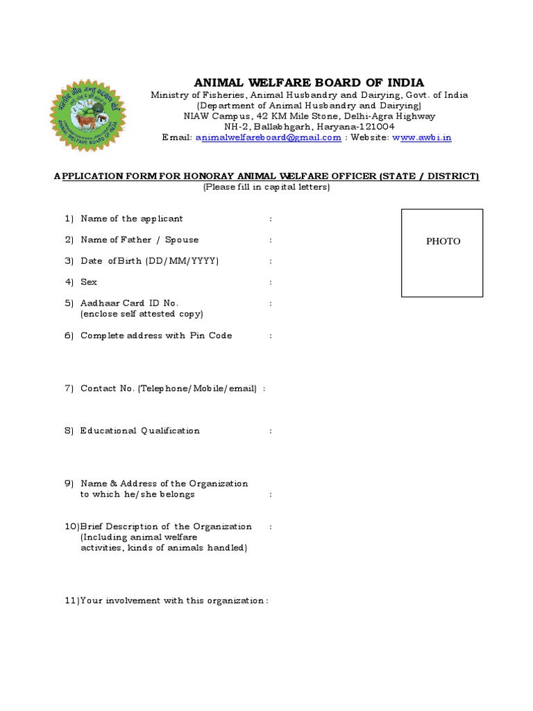 Animal Welfare Board of India: A Pplication Form For Honoray Animal ...