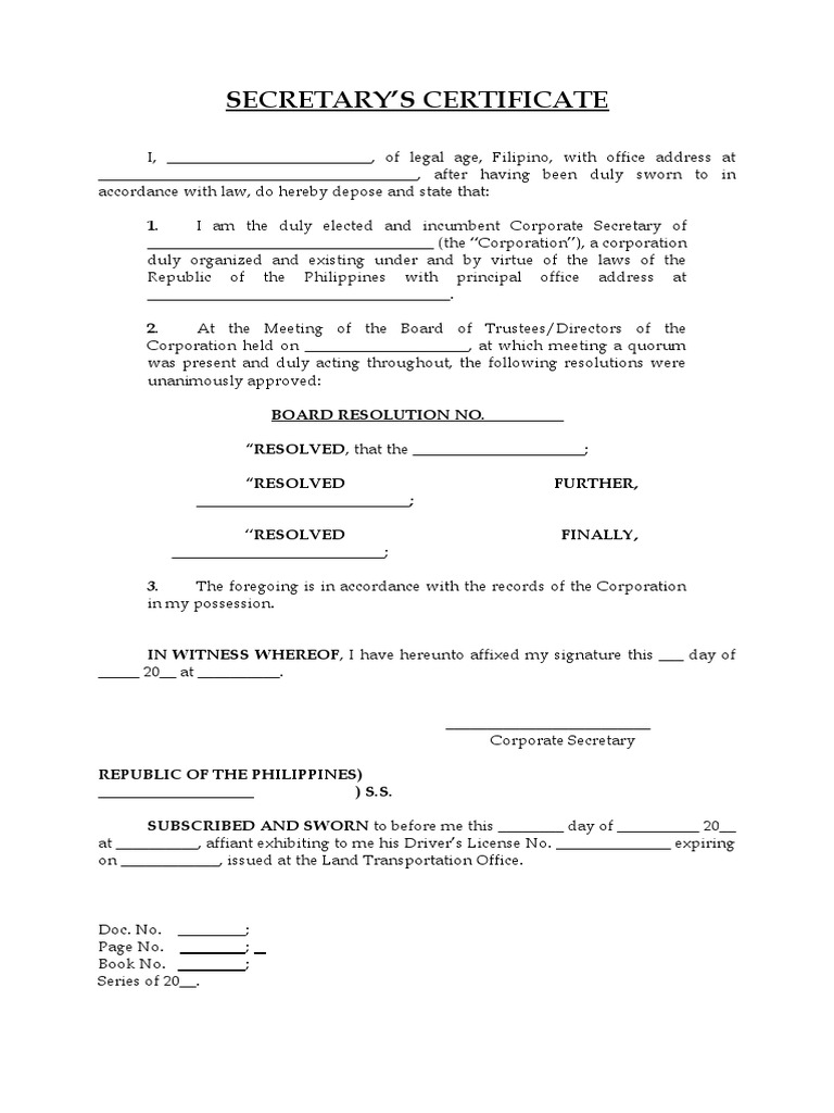 Secretary's Certificate Sample Format | PDF