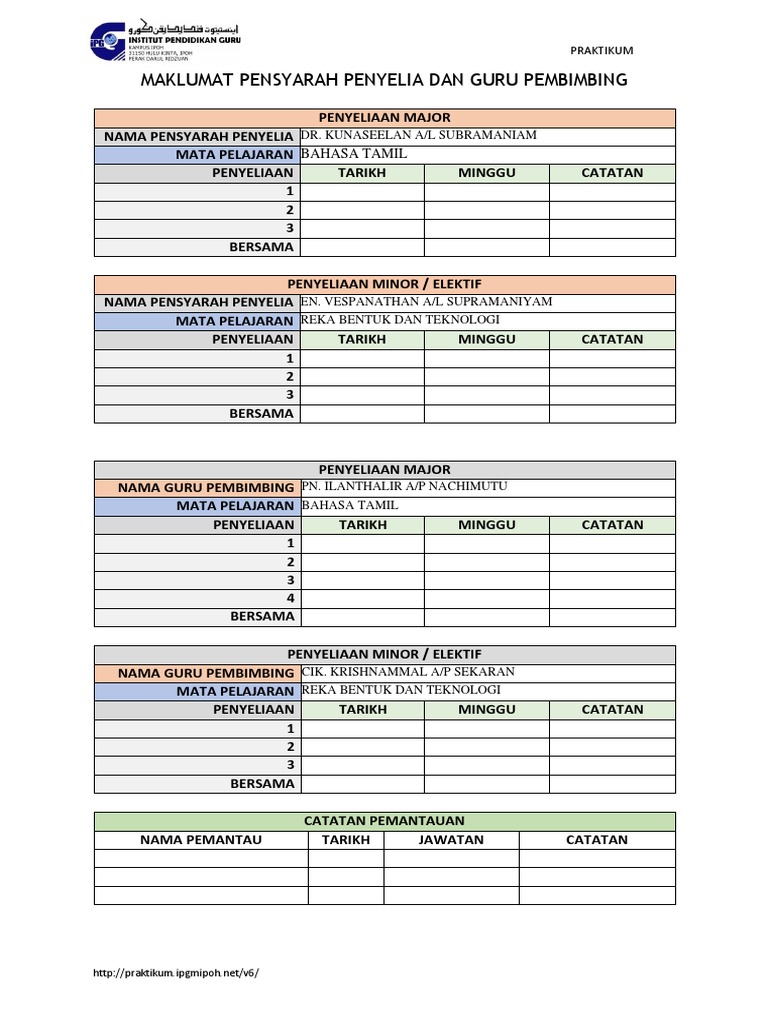 RPH 6 - Maklumat Pensyarah Penyelia Dan Guru Pembimbing | PDF