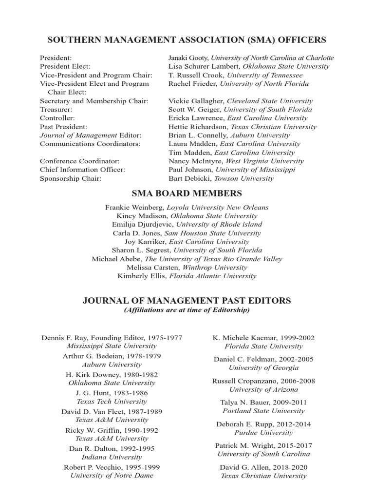 Southern Management Association (Sma) Officers: (Affiliations Are at ...