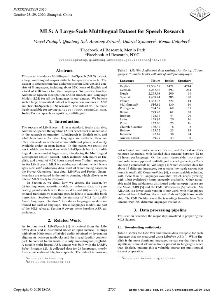MLS: A Large-Scale Multilingual Dataset For Speech Research | PDF | Speech Recognition | Cognition