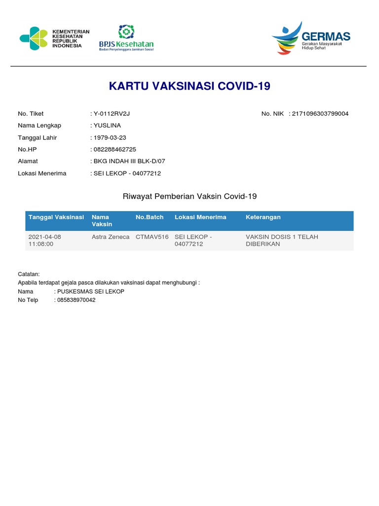 Kartu Vaksinasi Yuslina | PDF