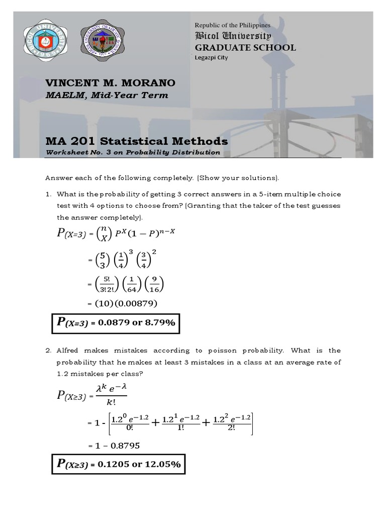 VINCENT M. MORANO, MAELM, Worksheet No. 3 On Probability Distribution | Download Free PDF | Sat ...
