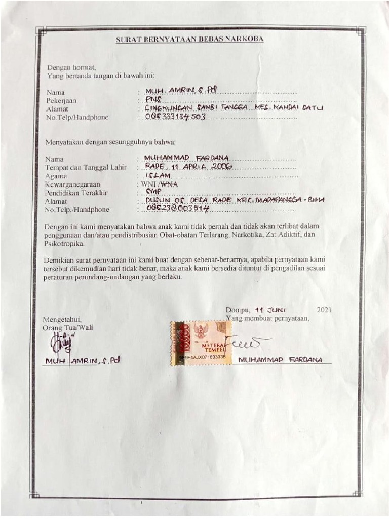 Surat Keterangan Bebas Narkoba | PDF