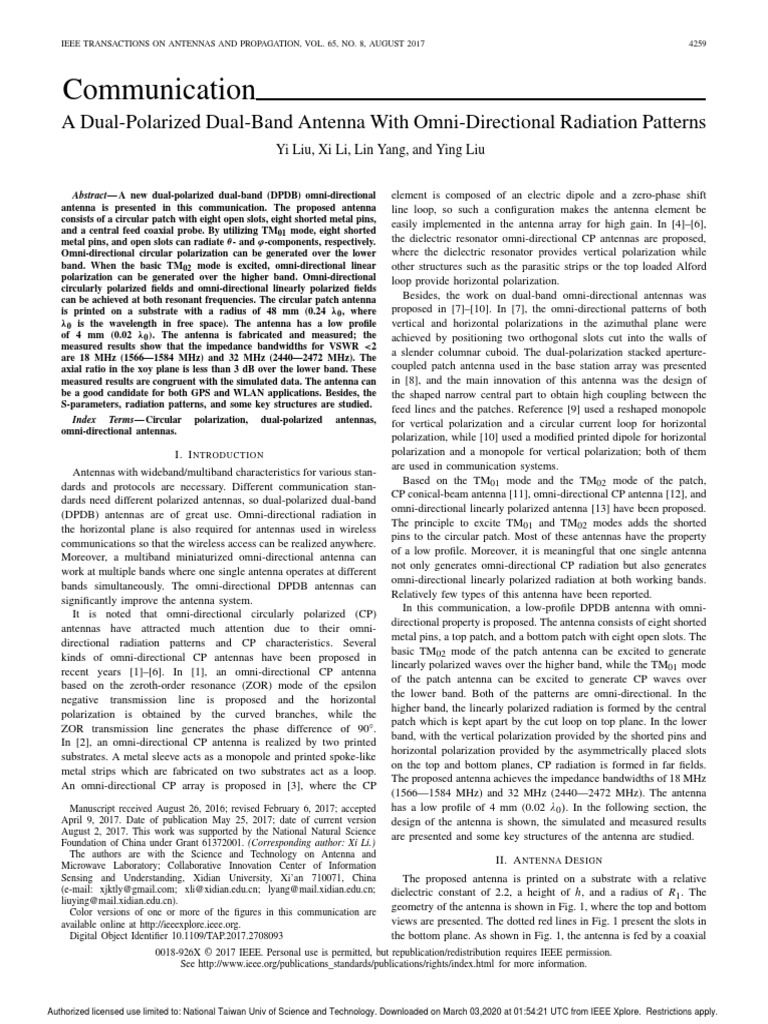 Communication: A Dual-Polarized Dual-Band Antenna With Omni-Directional ...