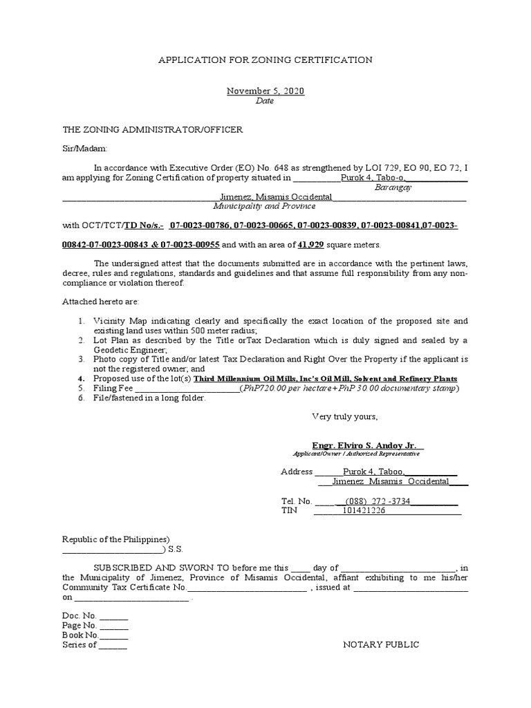 Zoning Certification Application Sample | PDF | Civil Law (Common Law ...
