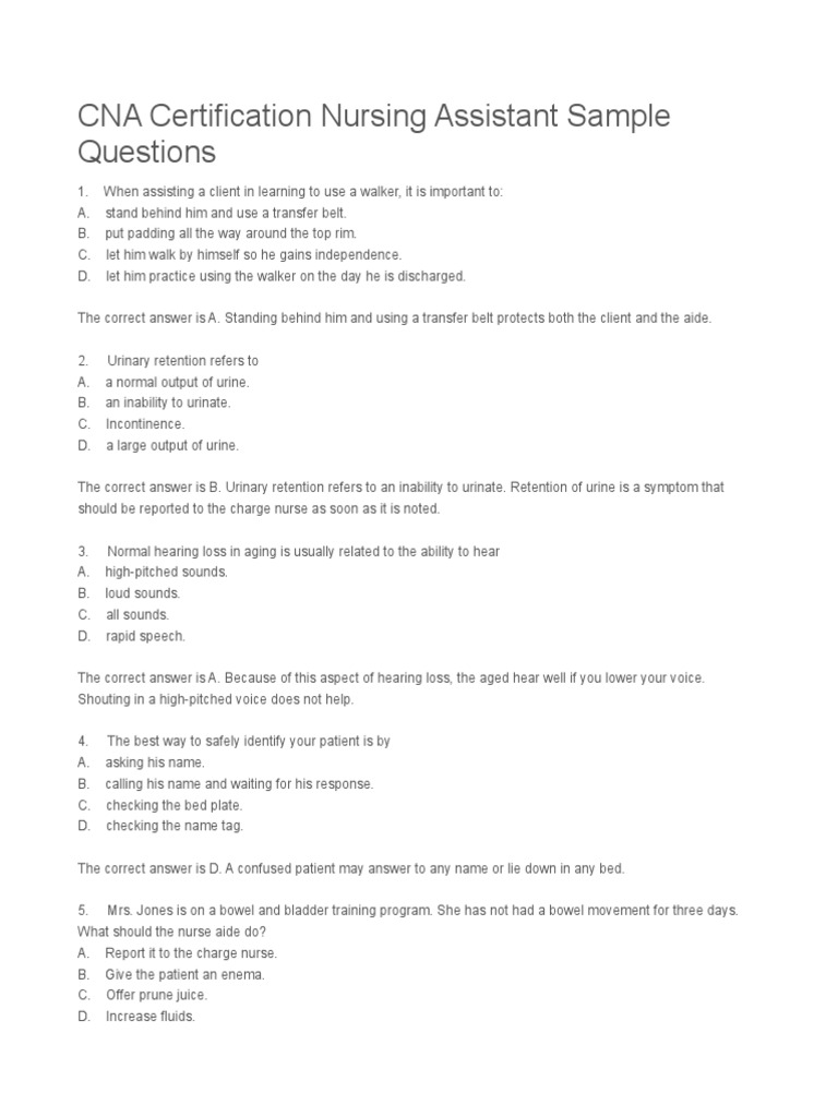 CNA Certification Nursing Assistant Sample Questions | PDF