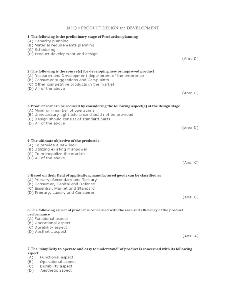 MCQ'S Product Design and Development | PDF | Marketing | New Product ...