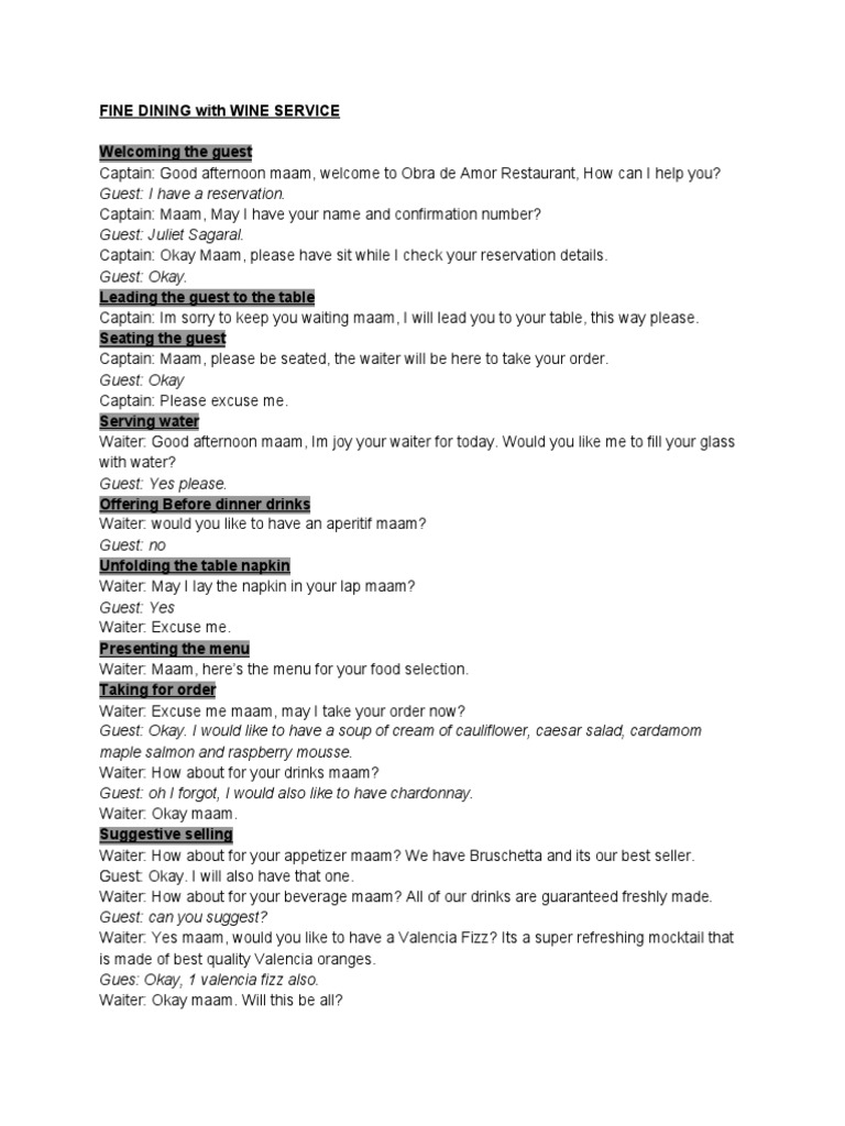 Sequence of Table Service (Script) | PDF | Waiting Staff | Hospitality ...
