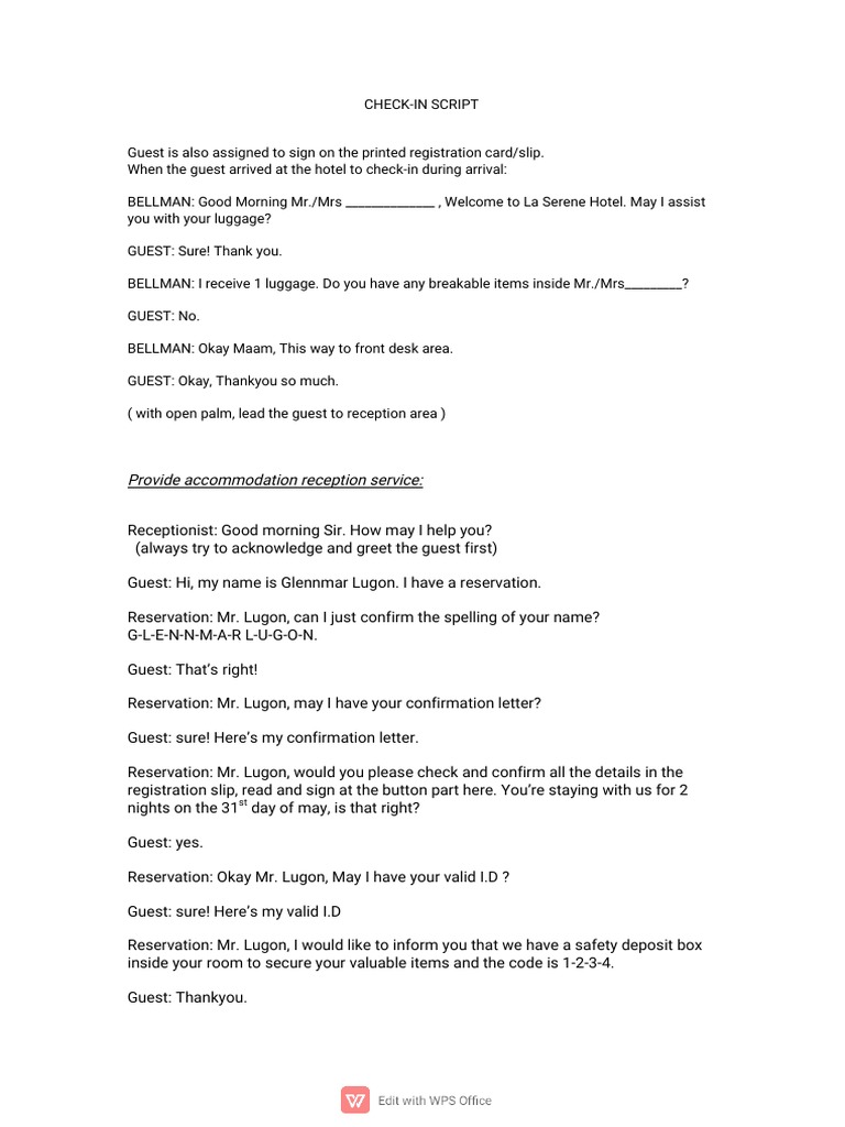 Check in Procedure (Script) | PDF