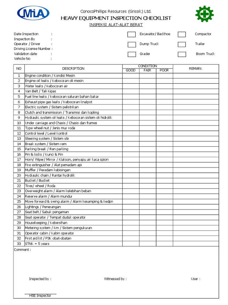 Heavy Equipment Inspection Checklist 2 PDF Free | PDF