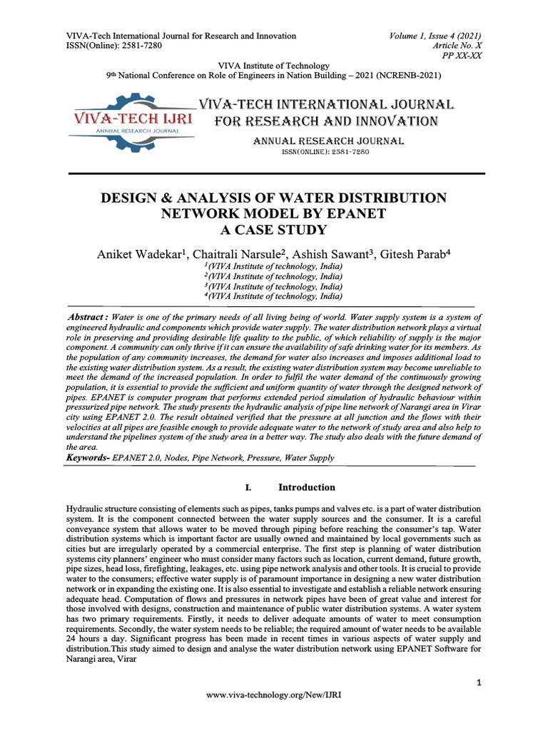 Design Analysis Of Water Distribution Network Model By Epanet A Case