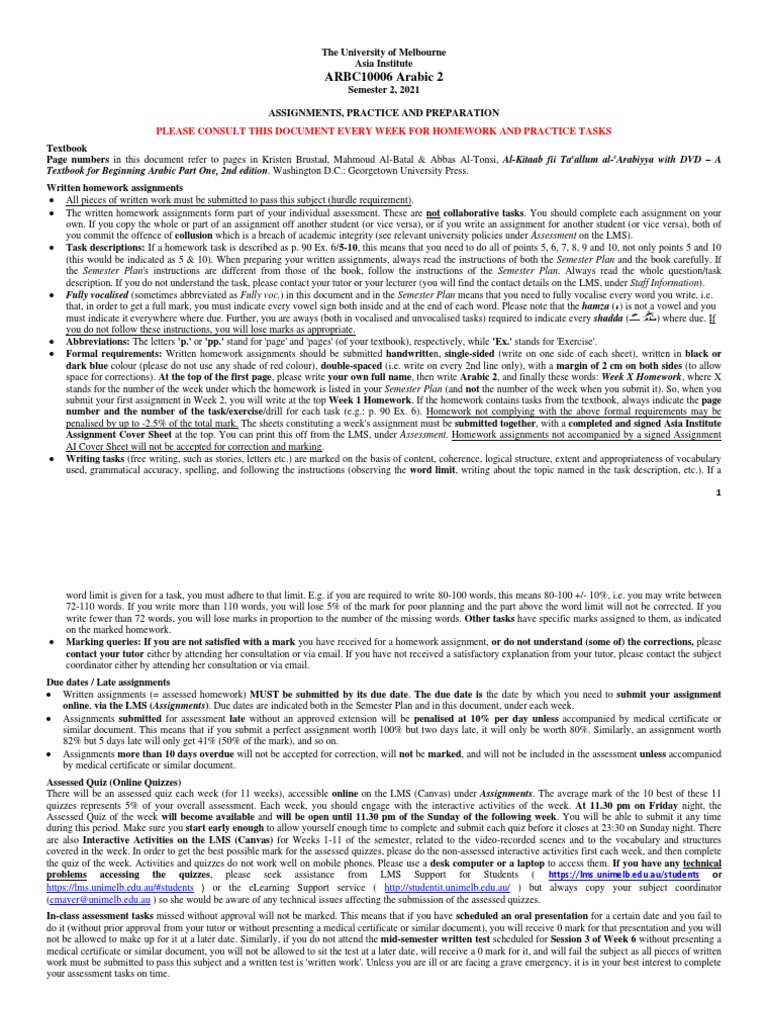 ARBC10006 Arabic 2 Assignments, Practice and Preparation | PDF | Arabic ...