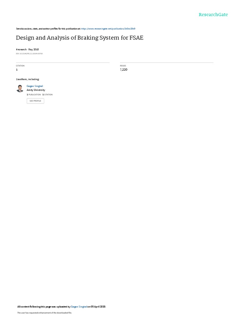 Design and Analysis of Braking System For FSAE: Research | PDF | Brake ...